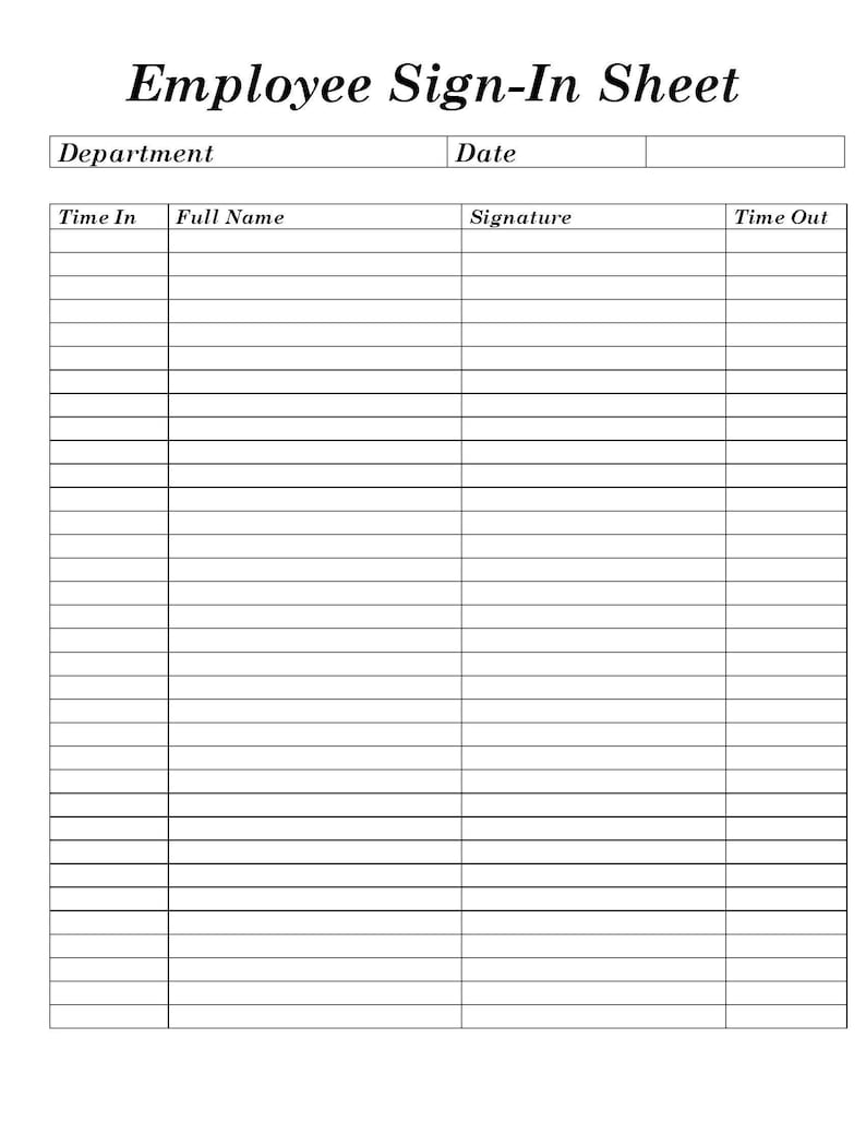 Employee Sign in Sheet Printable Form, Digital File, Instant Download, Editable | Black and ...