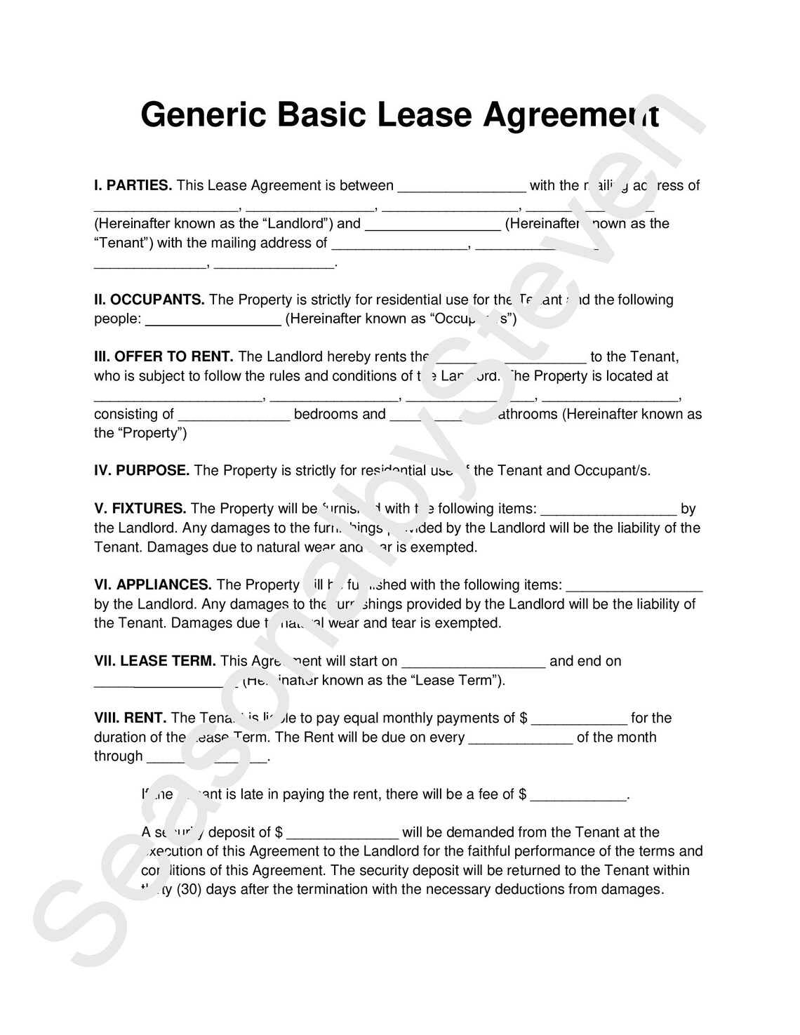 Generic Lease Agreement Forms, Instant Download, Contract, Agreement - Etsy