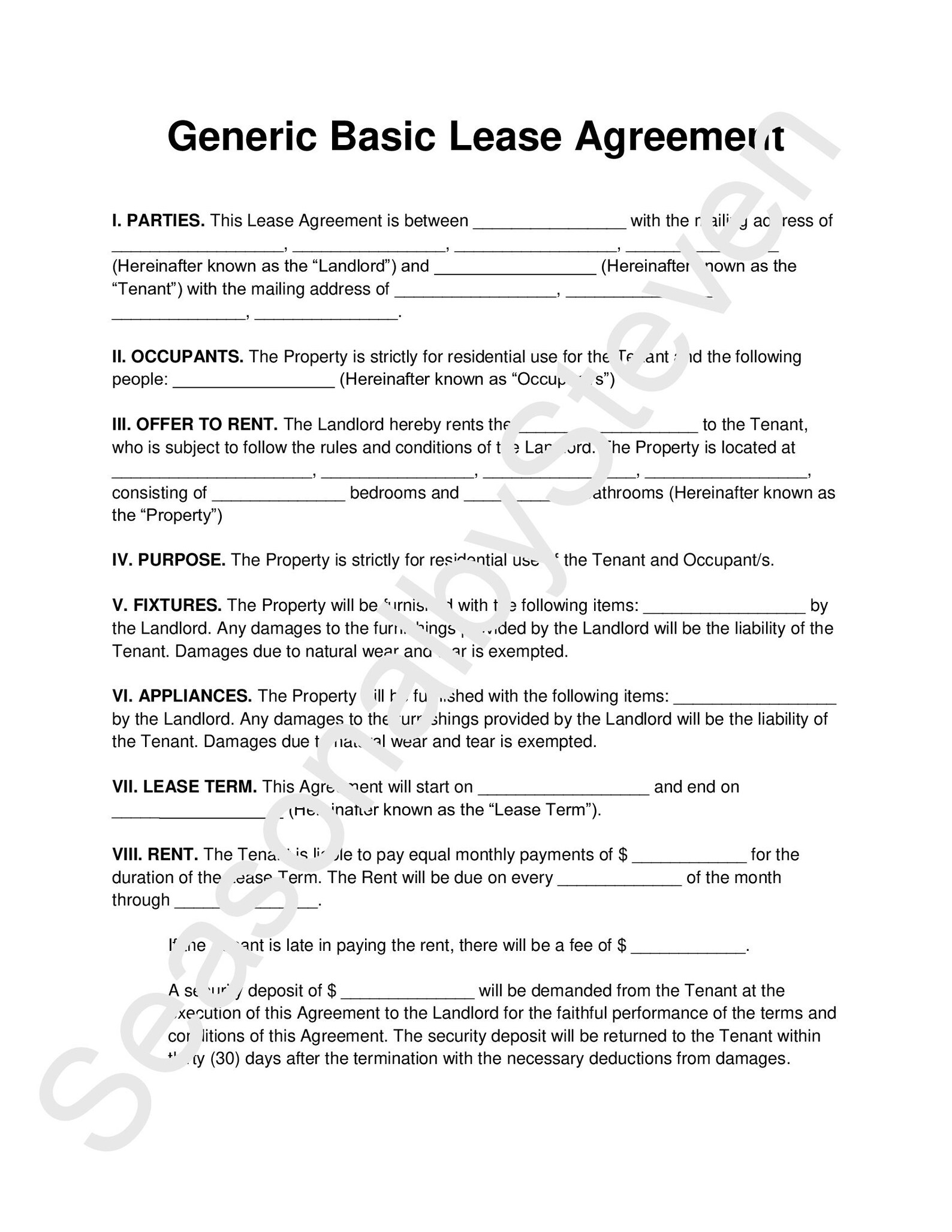 Generic Lease Agreement Forms, Instant Download, Contract, Agreement - Etsy