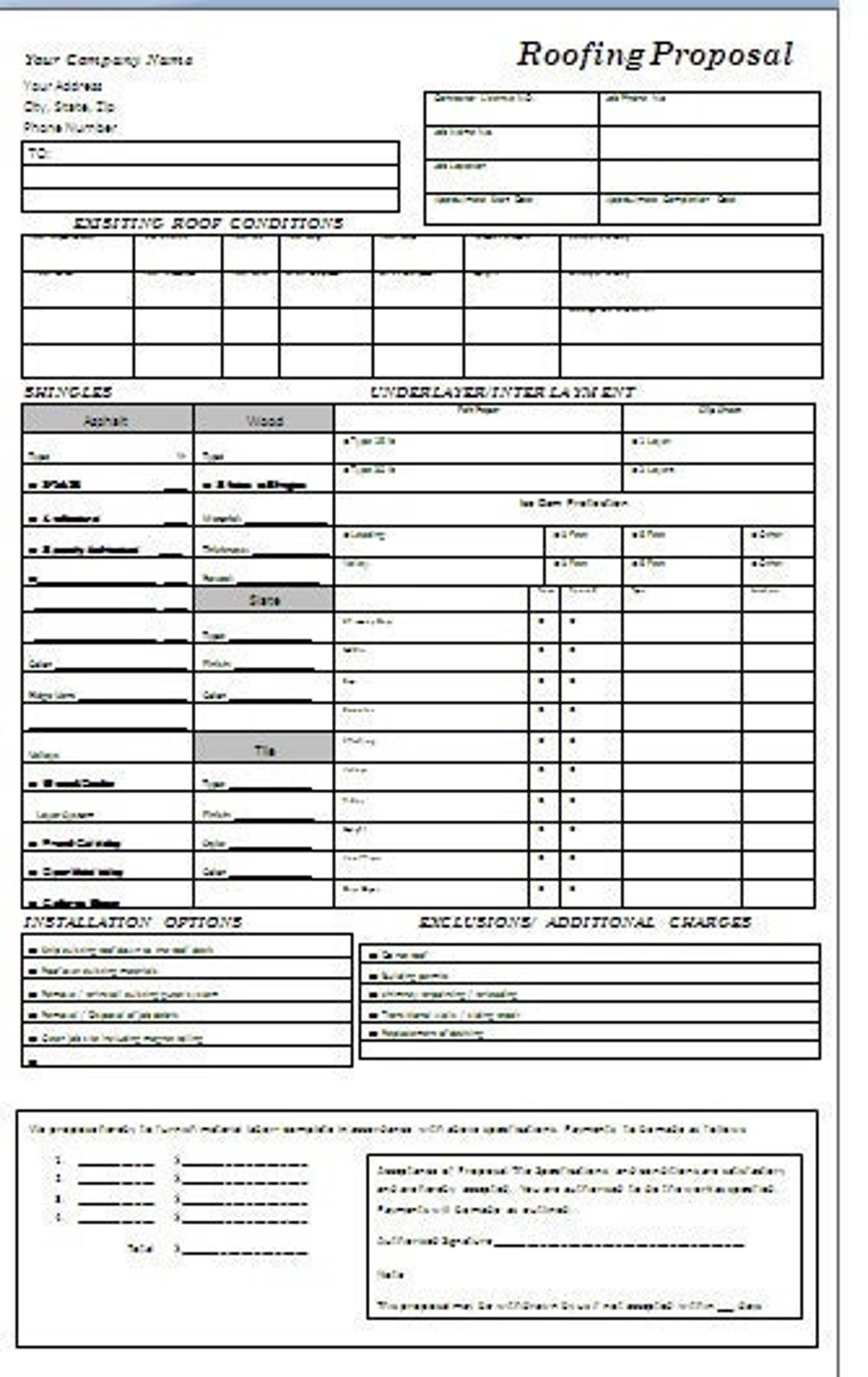 Roofing Proposal Templates PRINTABLE FORM 8.5 by 14 Legal - Etsy