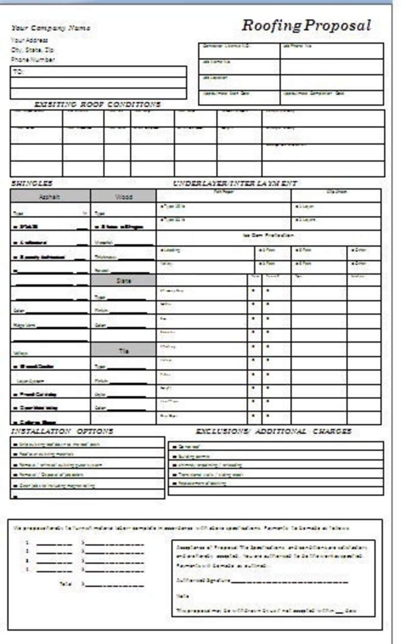 Roofing Proposal Templates PRINTABLE FORM 8.5 by 14 Legal - Etsy