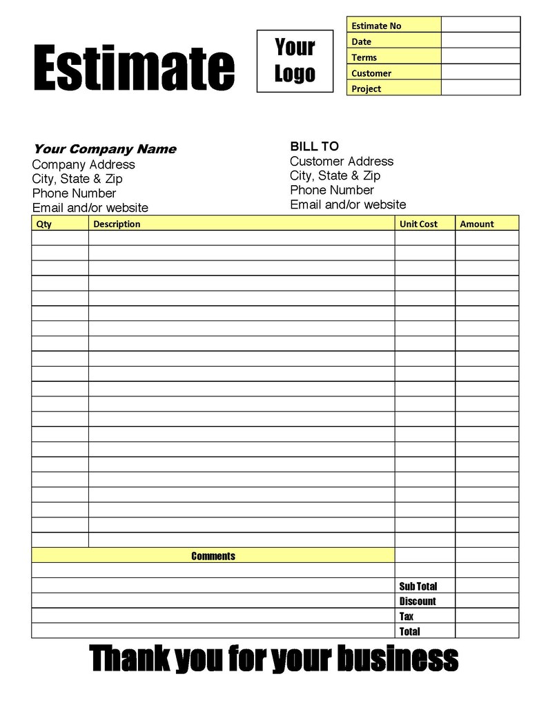 ESTIMATE-INVOICE Light Yellow Template | Printable Form - Etsy