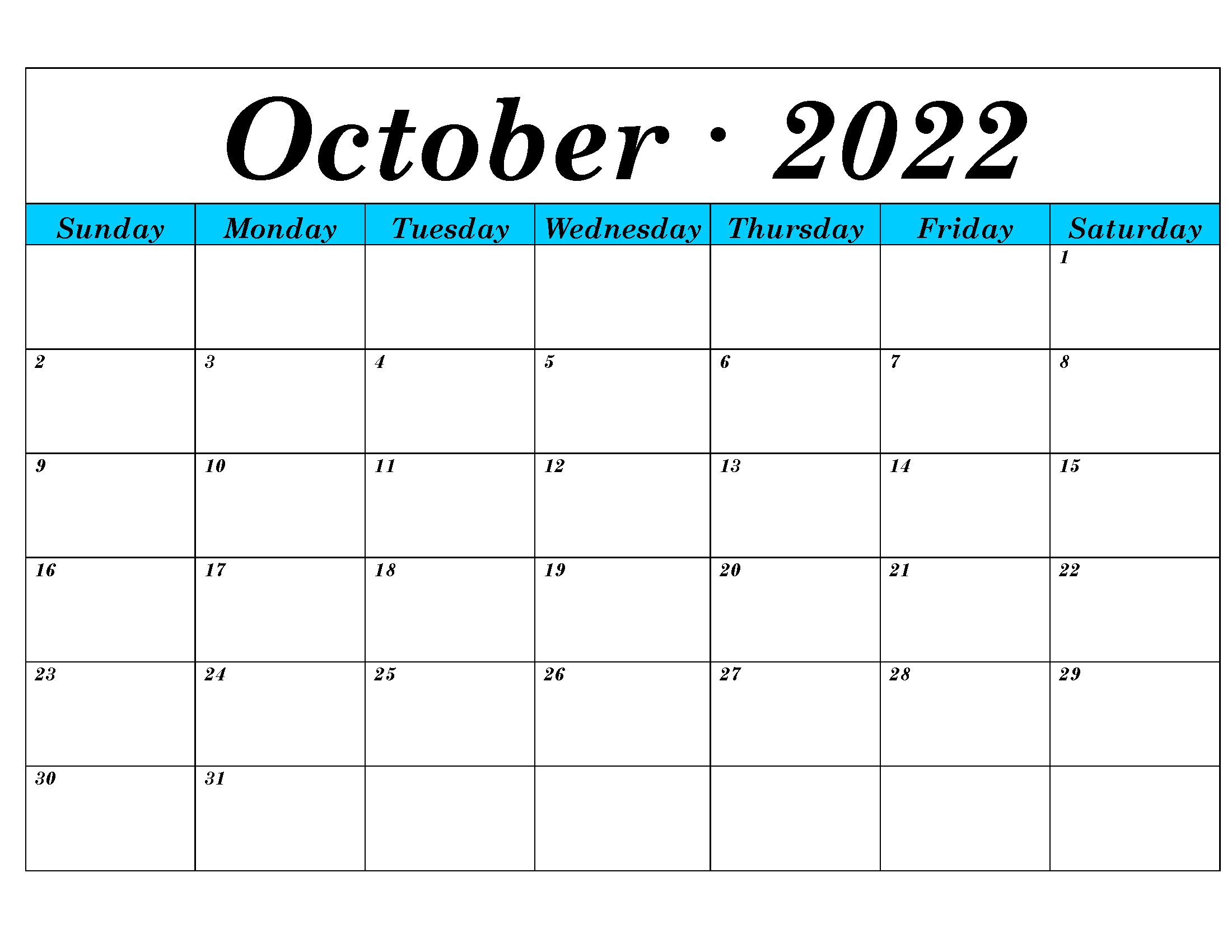 Calendar October 2022 Through 2022