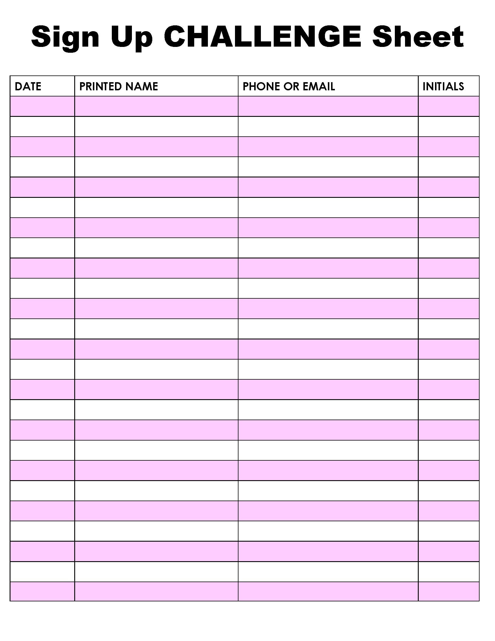 Sign up CHALLENGE Sheet | Digital | Instant Download 8.5x11 Template ...