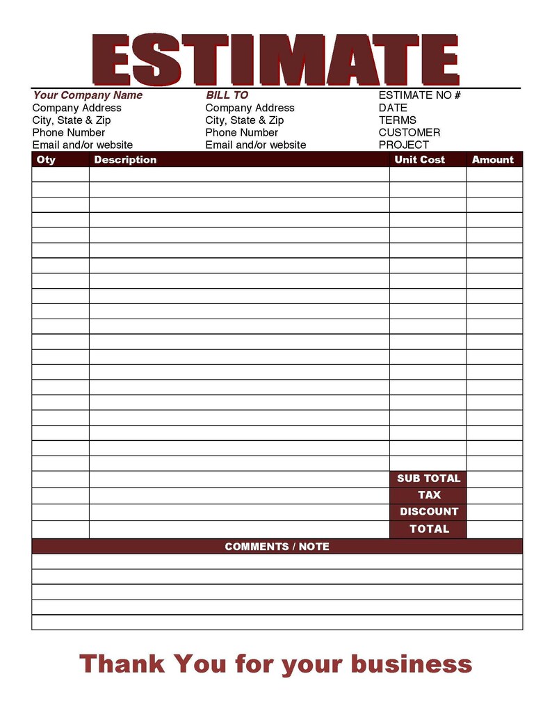 ESTIMATE-INVOICE Template | Dark Red Form | Printable | Instant ...