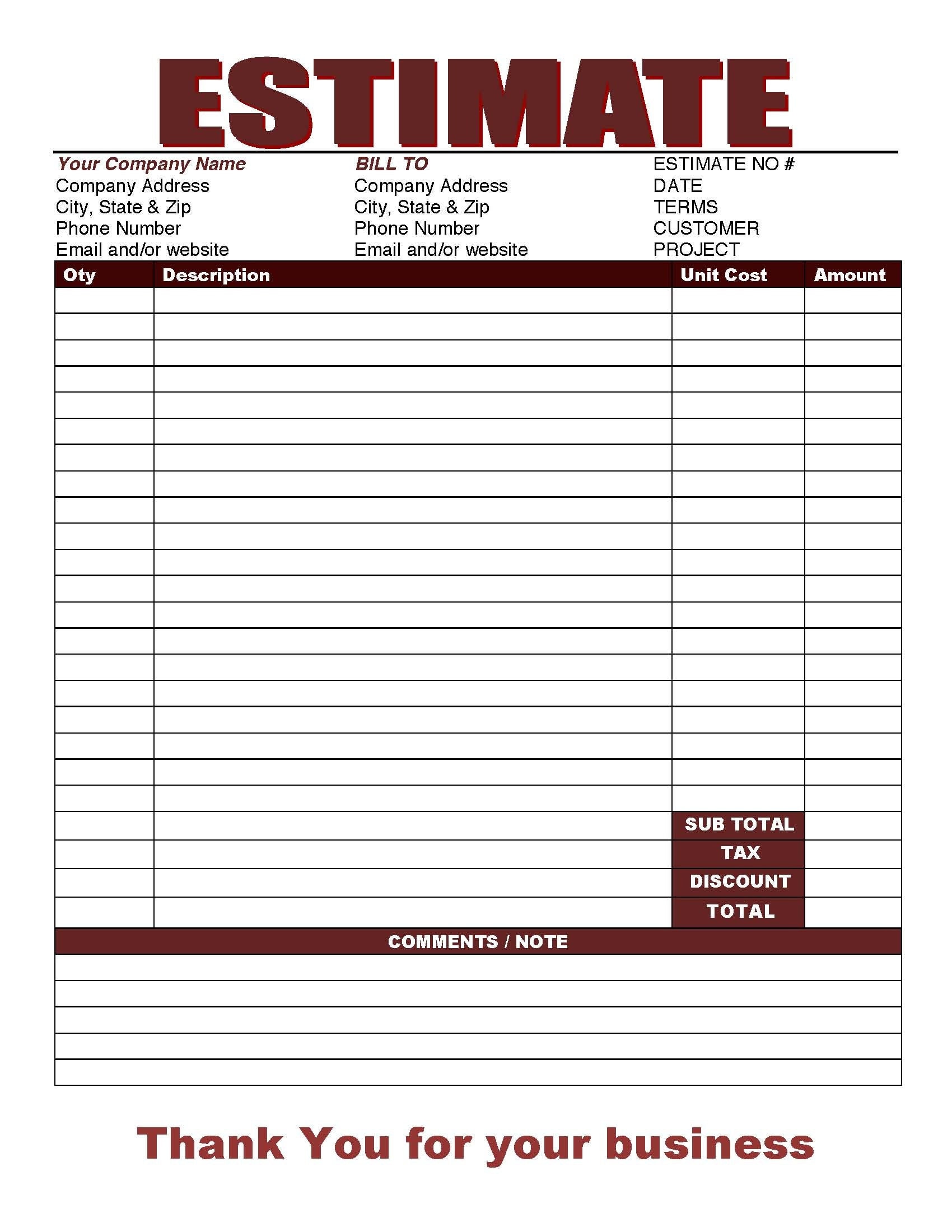 ESTIMATE-INVOICE Template | Dark Red Form | Printable | Instant ...