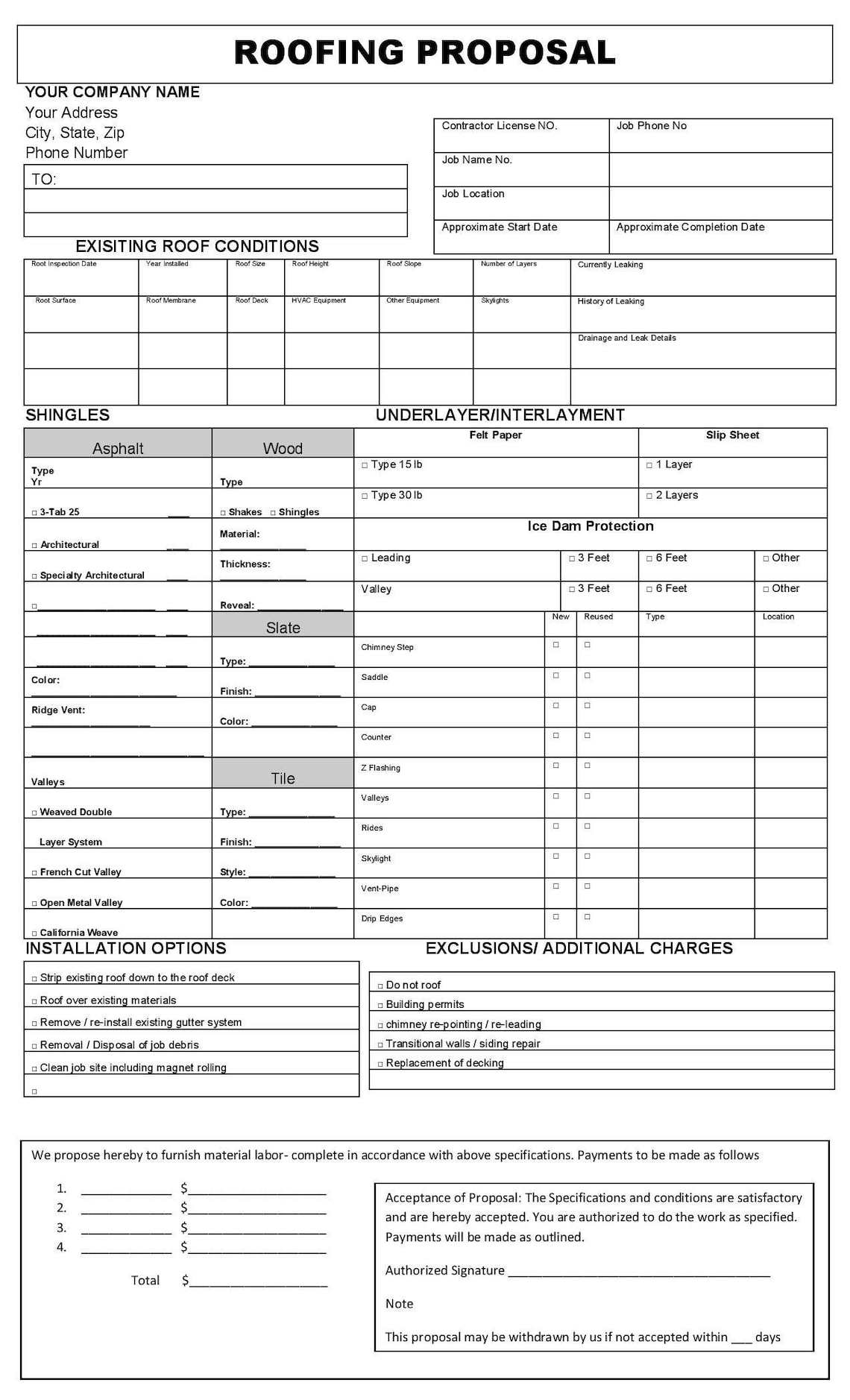 Roofing Proposal Templates | PRINTABLE FORM (8.5 by 14) Legal Document ...