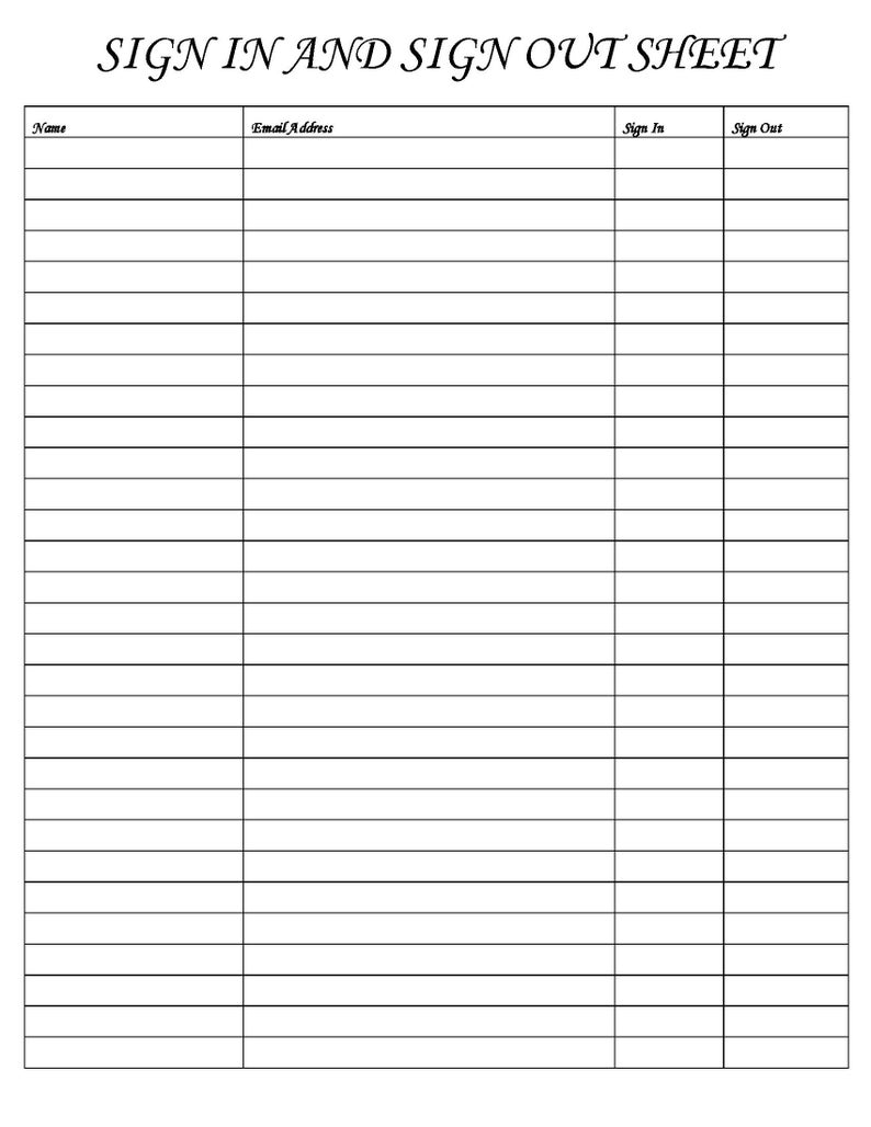 Sign in and Out Sheet Printable Form, Digital File, Instant Download ...