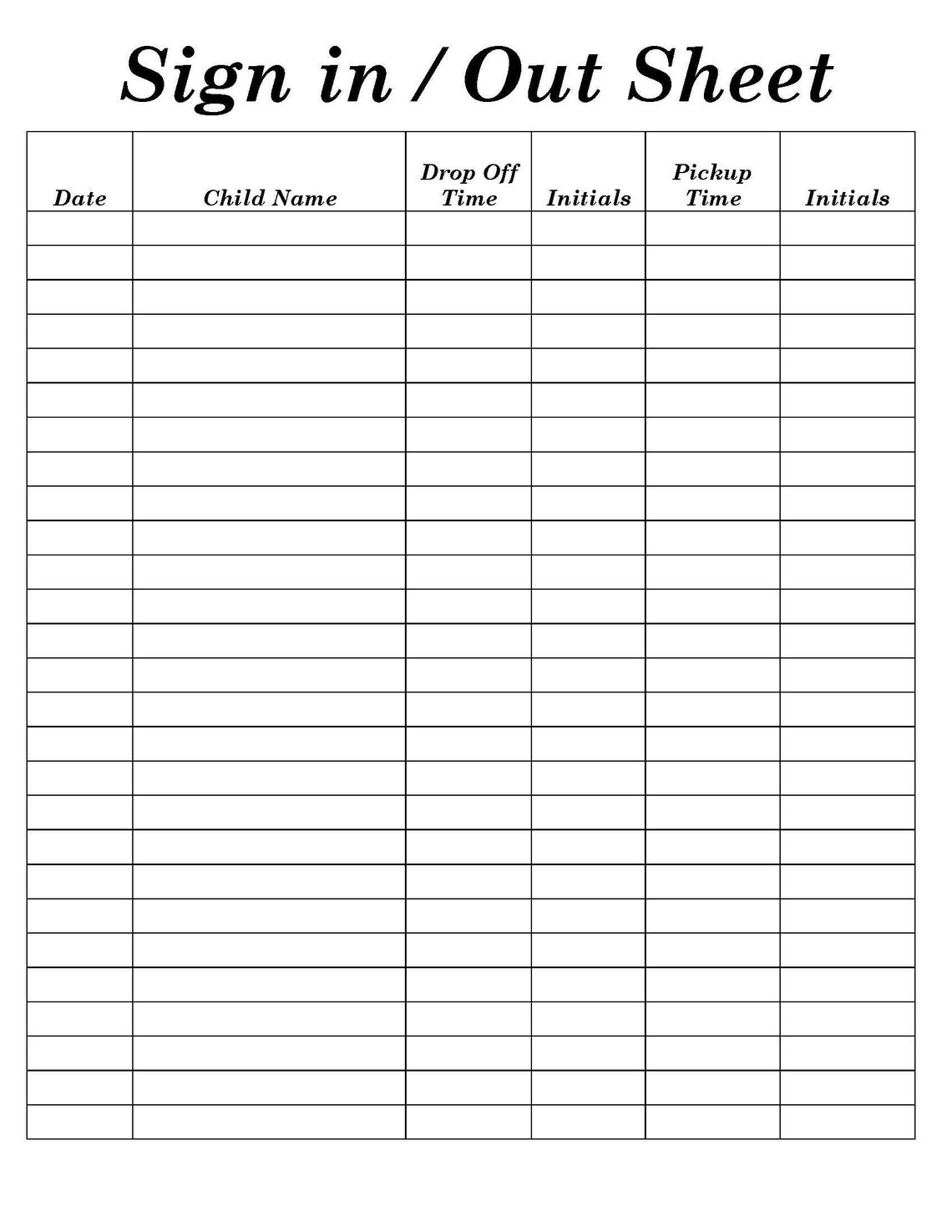 Sign in Sheets for Daycare, School, Preschool, Sports, Recreational ...