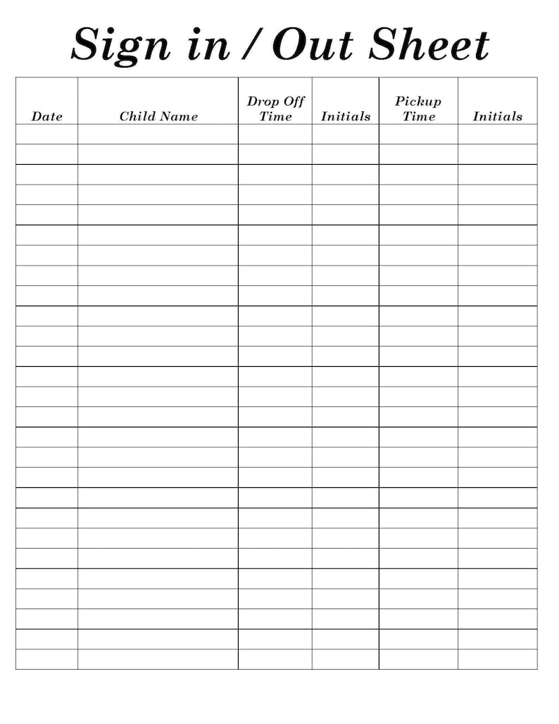 Sign in Sheets for Daycare, School, Preschool, Sports, Recreational ...