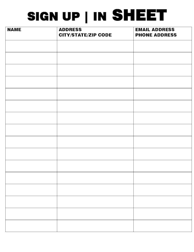Sign up Sign in Sheet Template - Printable Sign up or Sign in Sheet ...