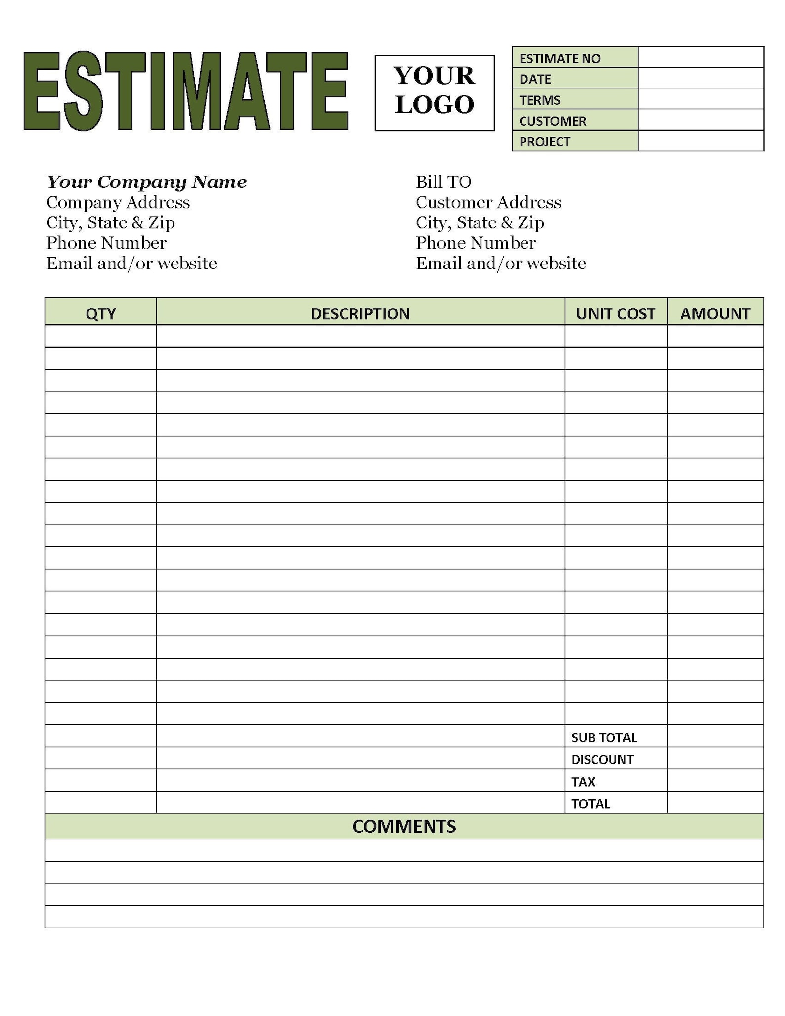 ESTIMATE-INVOICE Template | Green | Printable |estimate Invoice ...