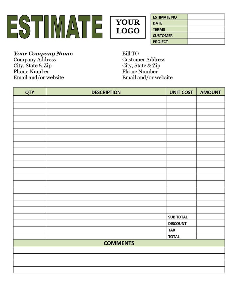 ESTIMATE-INVOICE Template | Green | Printable |estimate Invoice ...