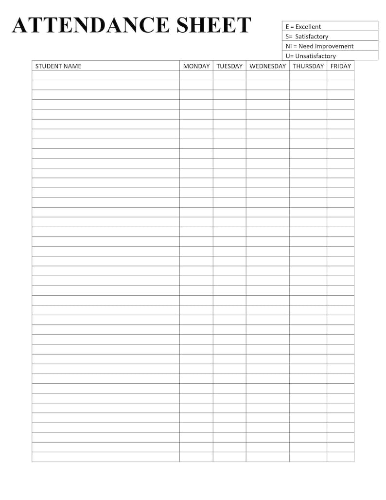 Attendance Sheet Printable Form, Digital File, Instant Download ...