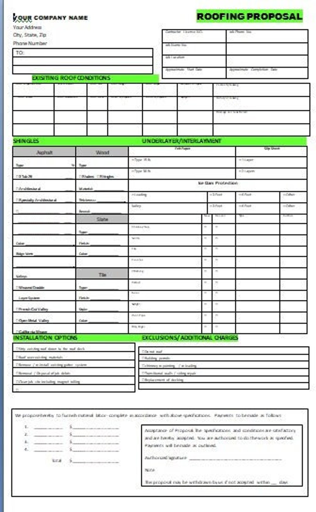 Roofing Proposal Templates | PRINTABLE FORM (8.5 by 14) Legal Document ...
