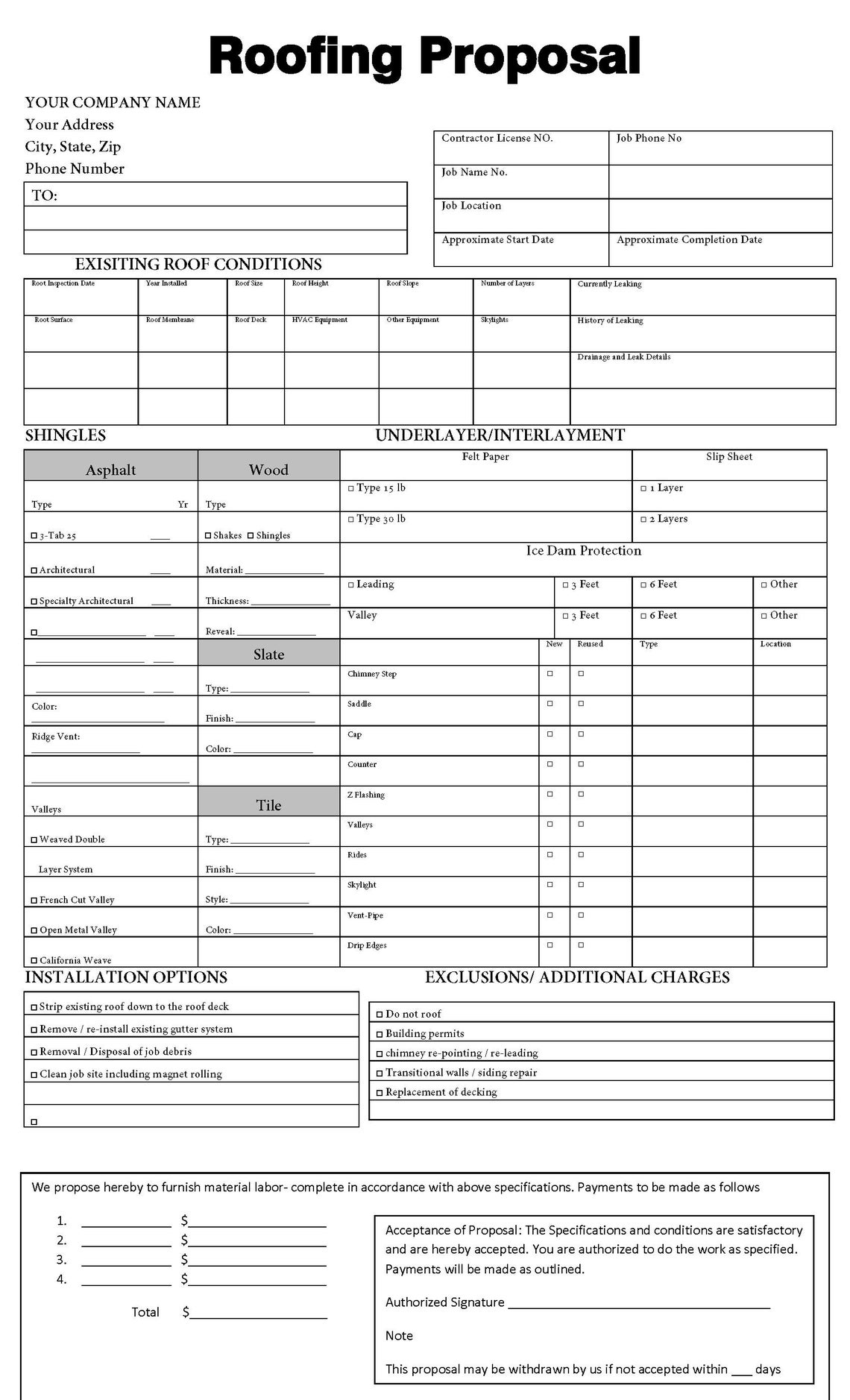 Roofing Proposal Templates | PRINTABLE FORM| 8.5 by 14) Legal Document ...