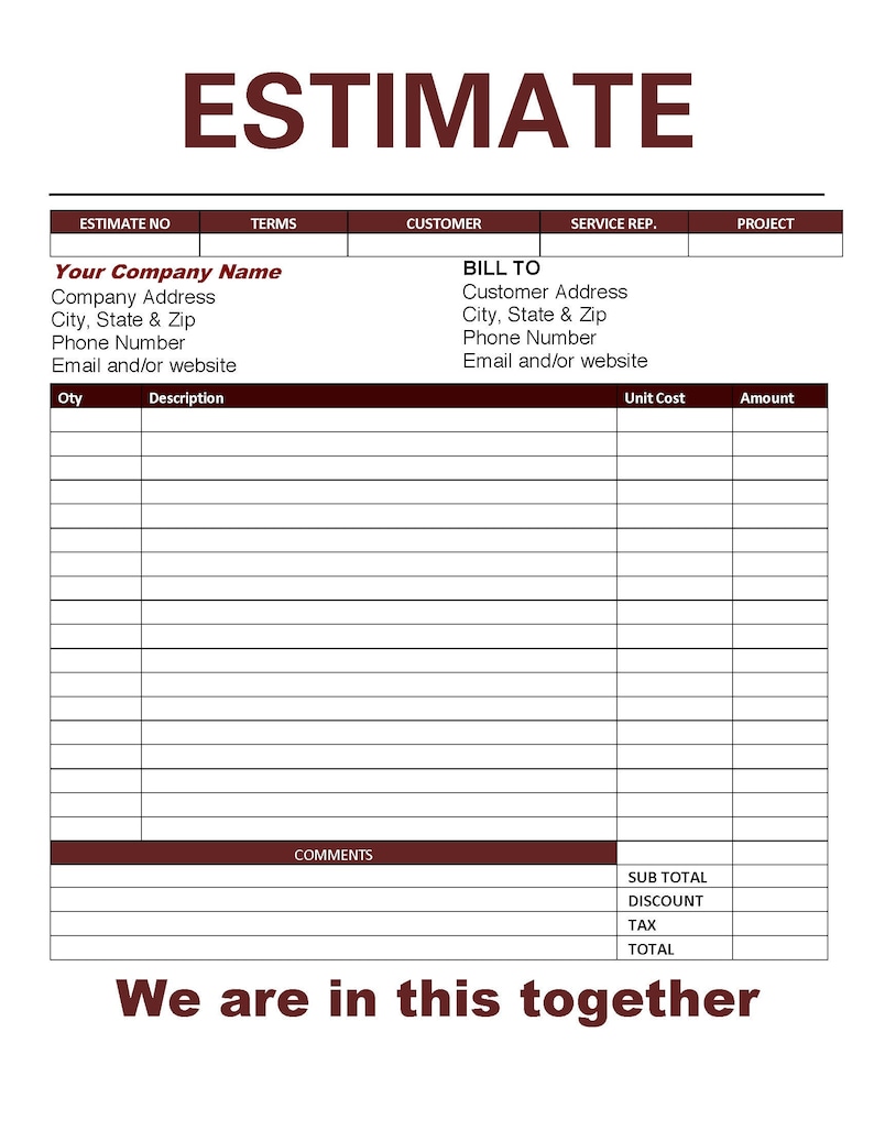 ESTIMATE-INVOICE Template | Dark Red | Printable | Editable | Instant ...