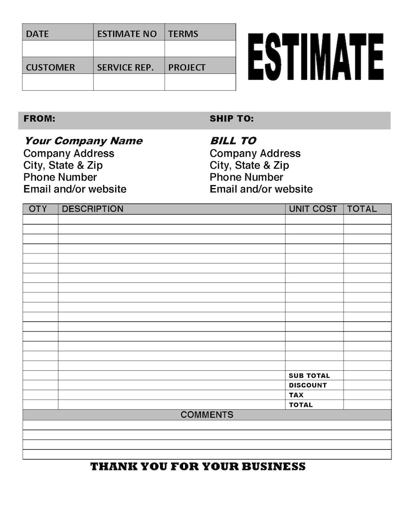 ESTIMATE-INVOICE Template| Gray | Printable Form | Instant Download - Etsy