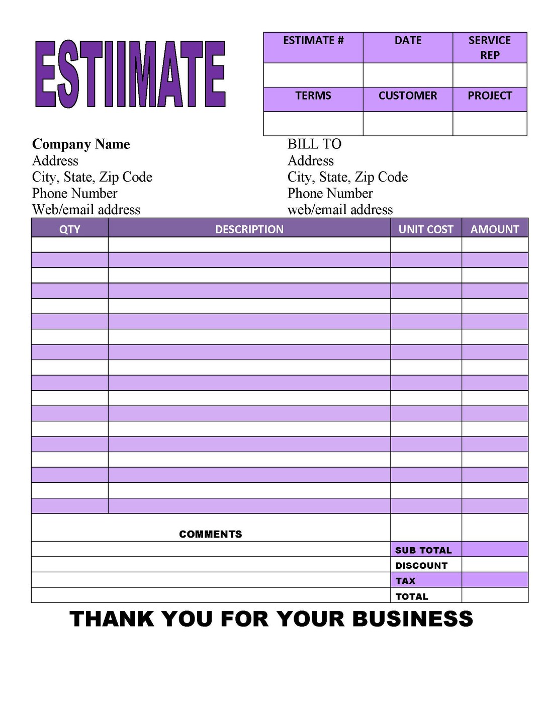 Estimate - Invoice Template | Old Winter Purple | PRINTABLE FORM ...