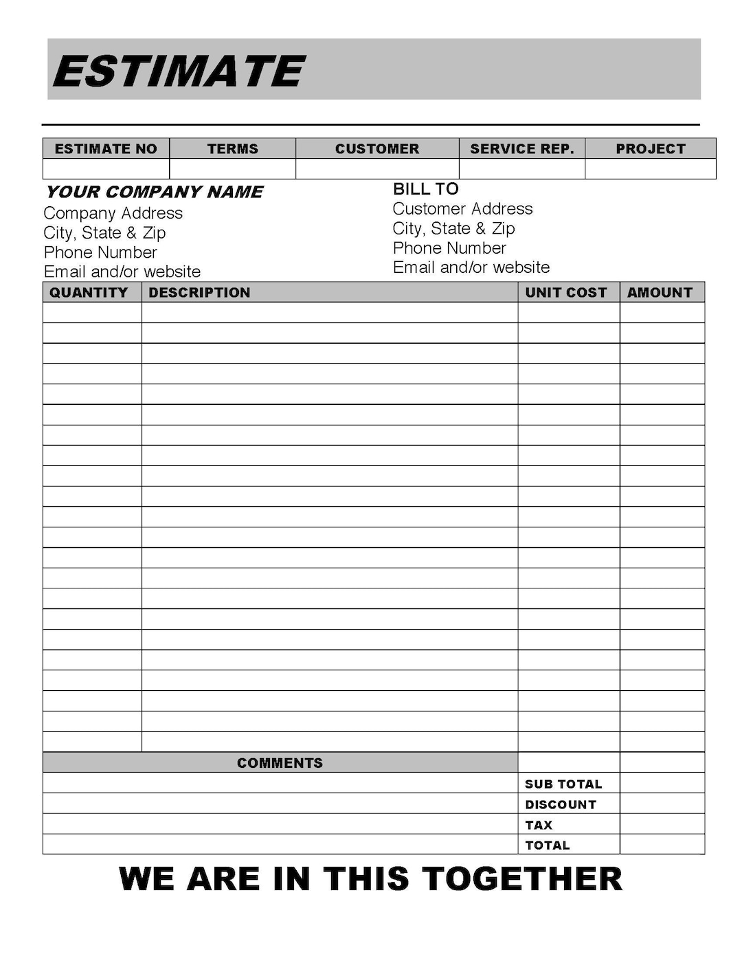 ESTIMATE-INVOICE | Template | Lined Platinum | Printable Form | Instant ...
