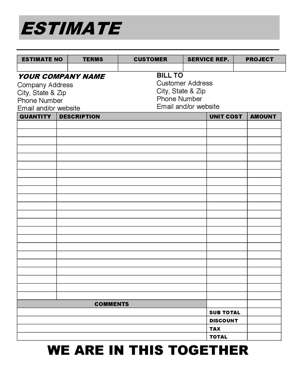 ESTIMATE-INVOICE | Template | Lined Platinum | Printable Form | Instant ...