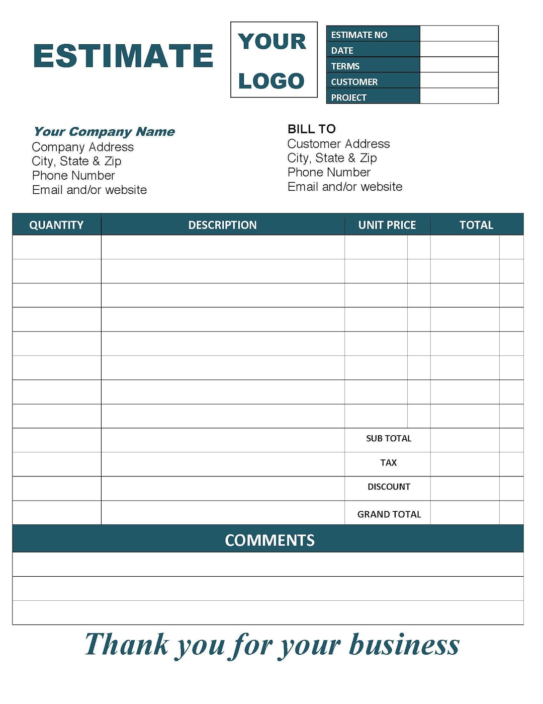 Estimate-invoice Template | Dark Aqua | Editable | Printable | Instant ...