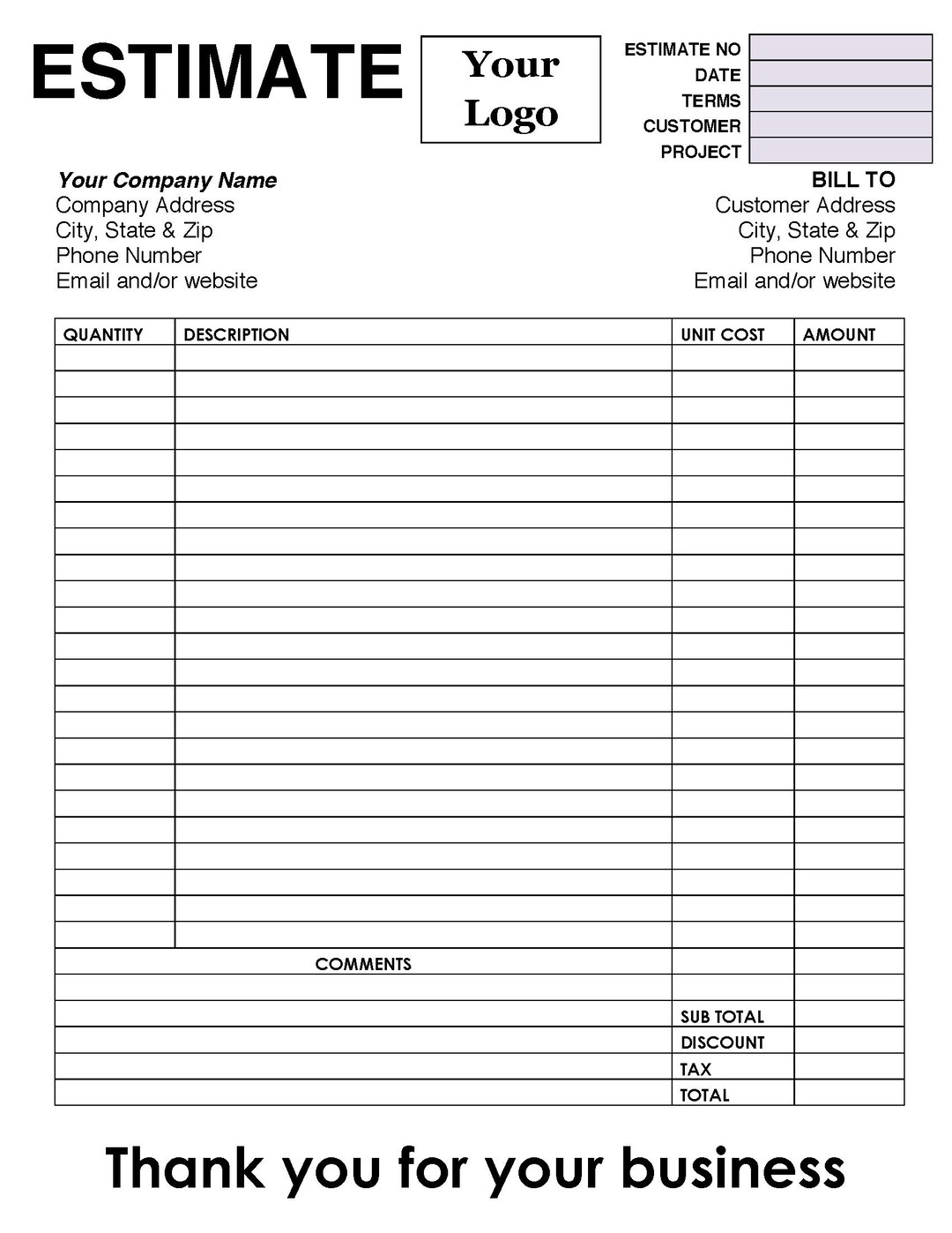 Estimate-invoice Lined Template | Printable Form - Etsy