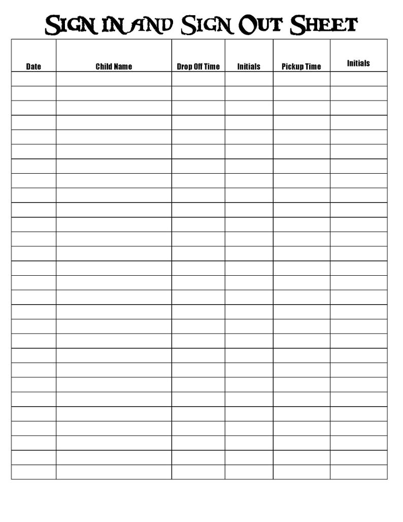 Sign in Sign Out Sheet Template Printable Sign in and Sign Out Sheet ...