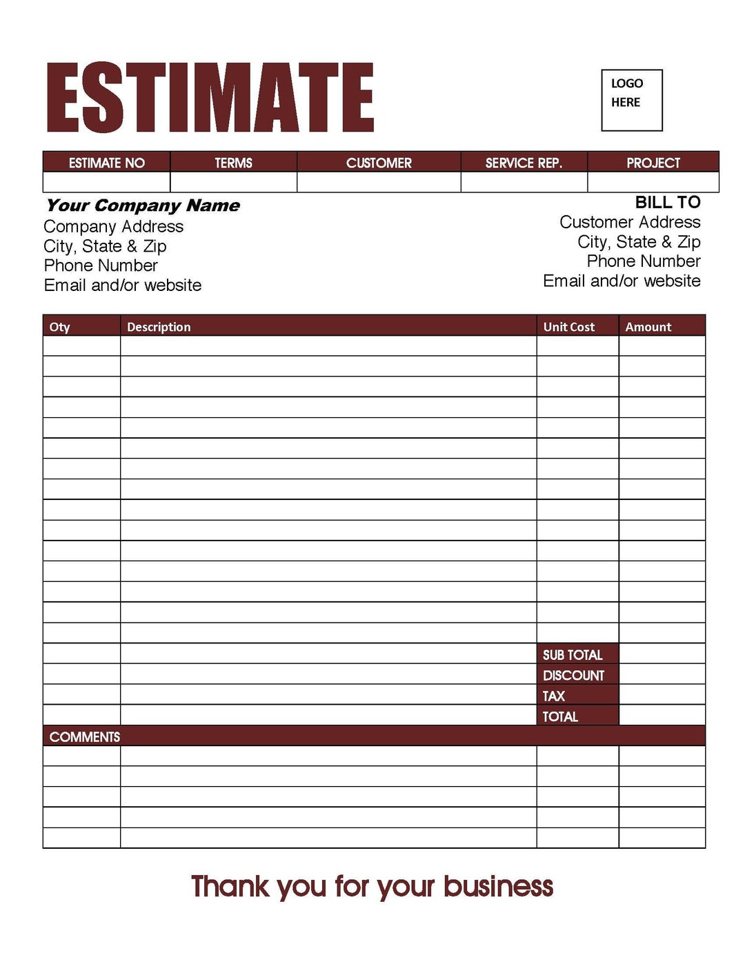 ESTIMATE-INVOICE Template Dark Red Printable Form - Etsy
