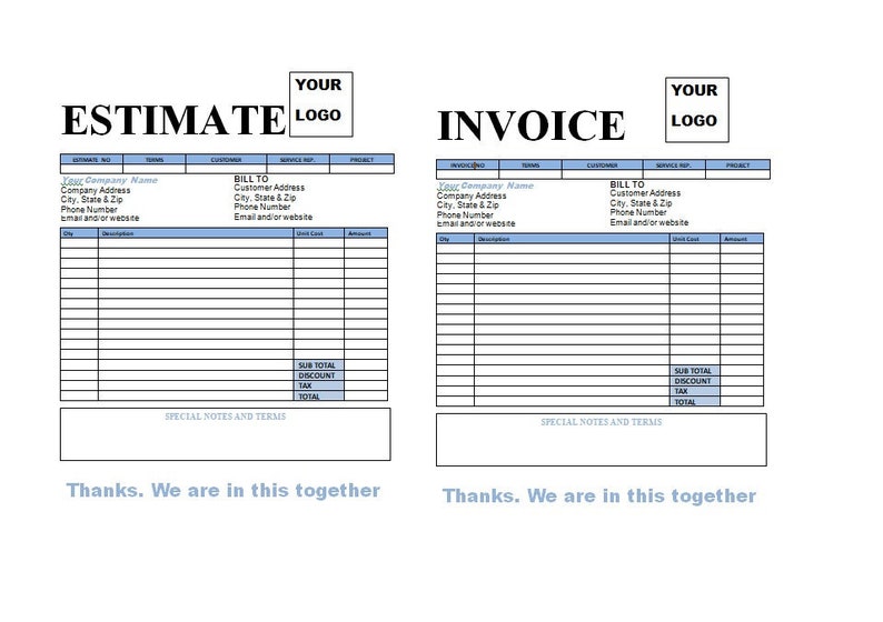 Estimate Invoice Template | Printable Estimate | Custom Forms ...