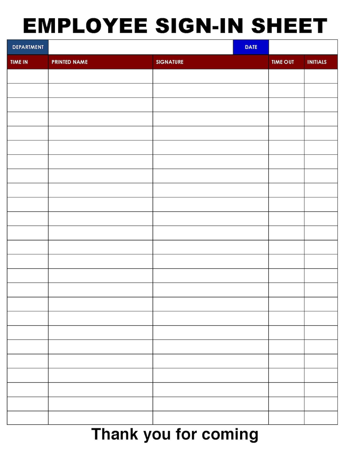 Employee Sign in Sheet Printable Form, Digital File, Instant Download ...