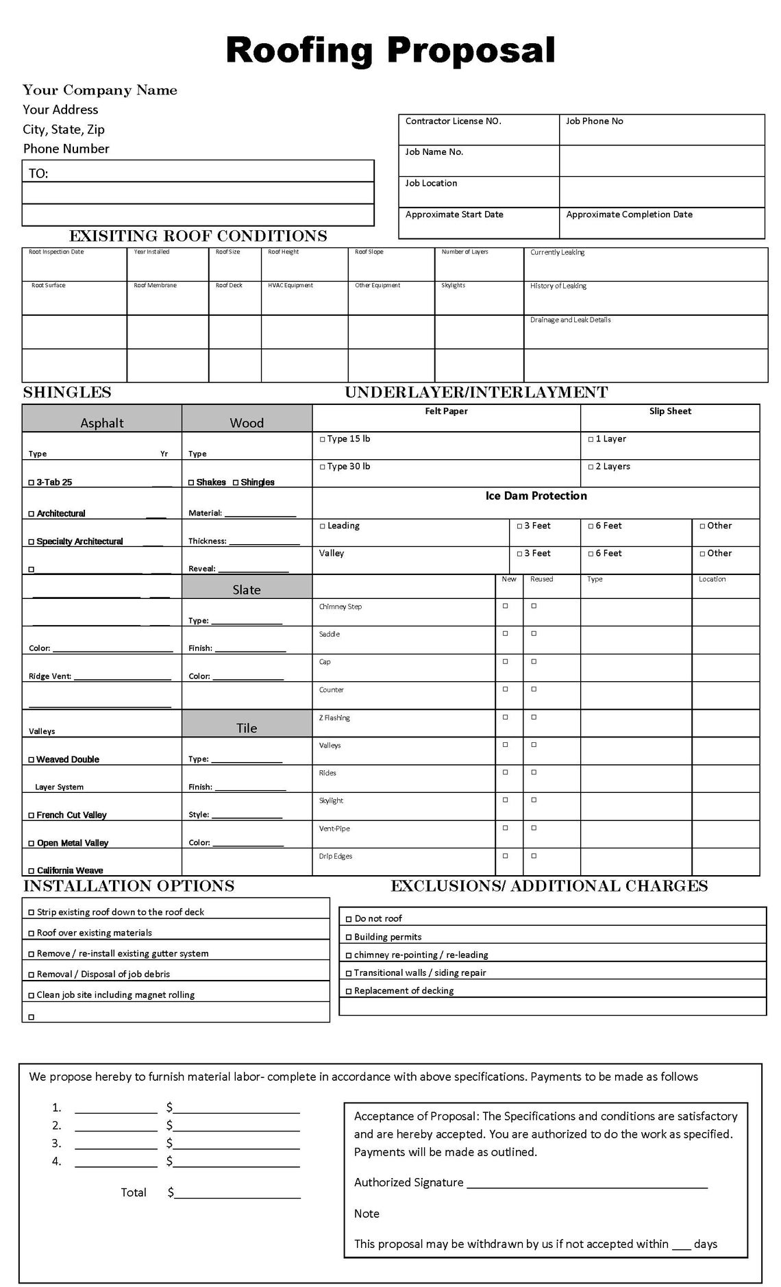 Roofing Proposal Templates | PRINTABLE FORM (8.5 by 14) Legal Document ...