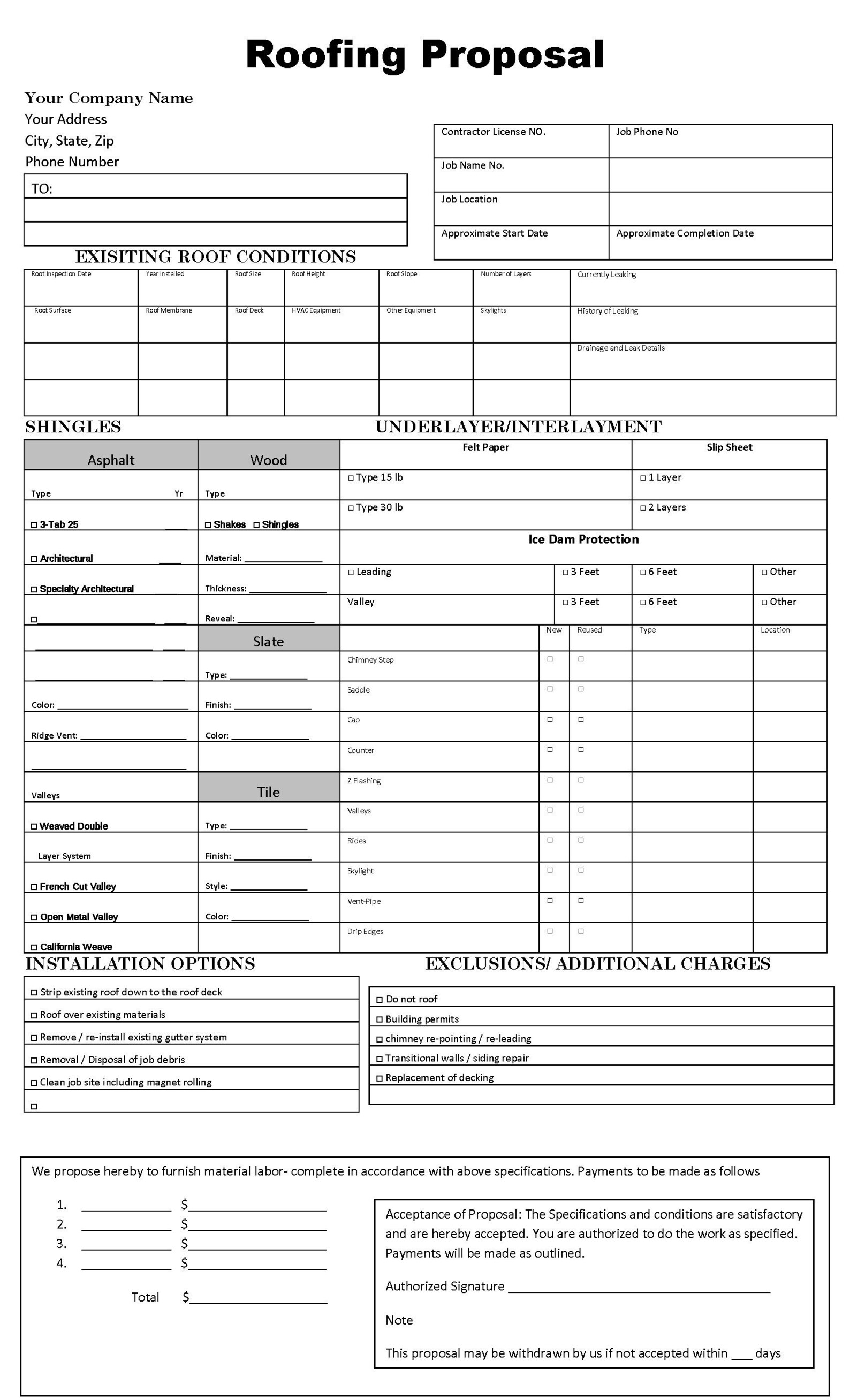 Roofing Proposal Templates | PRINTABLE FORM (8.5 by 14) Legal Document ...