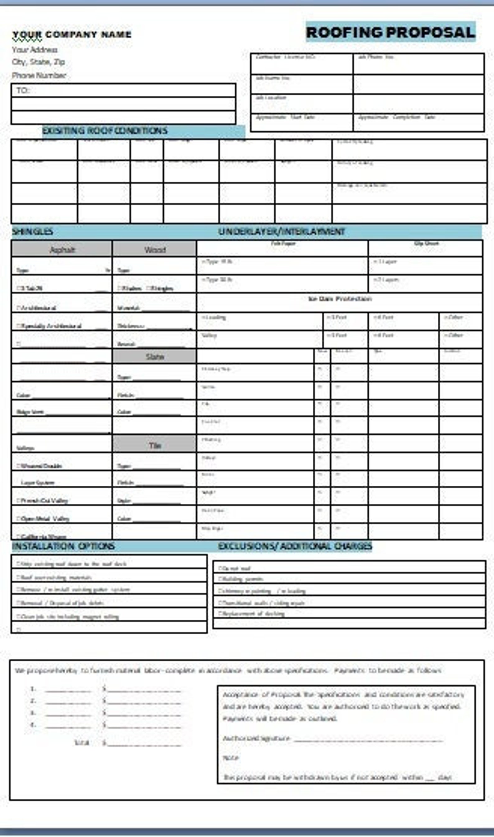 Roofing Proposal Templates | PRINTABLE FORM (8.5 by 14) Legal Document ...