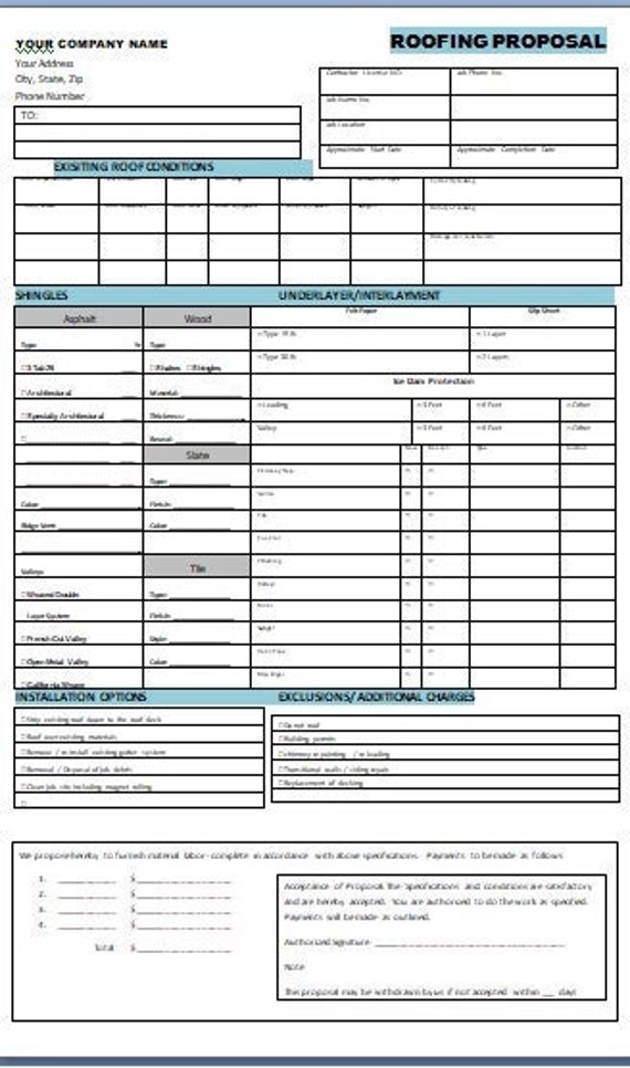 Roofing Proposal Templates PRINTABLE FORM 8.5 by 14 Legal - Etsy