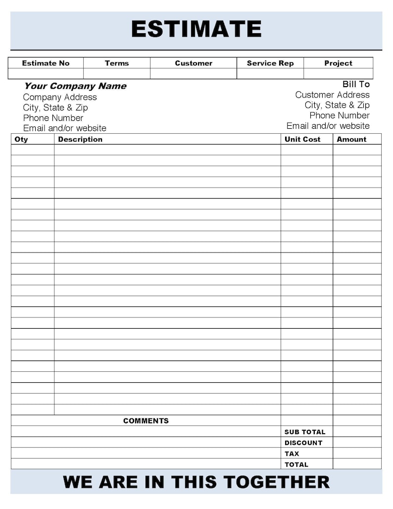 Estimate-invoice, Printable Template , Business Form , Word, PDF ...
