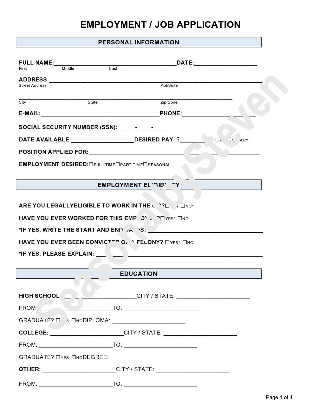 Job Application Form – Standard Template - Etsy