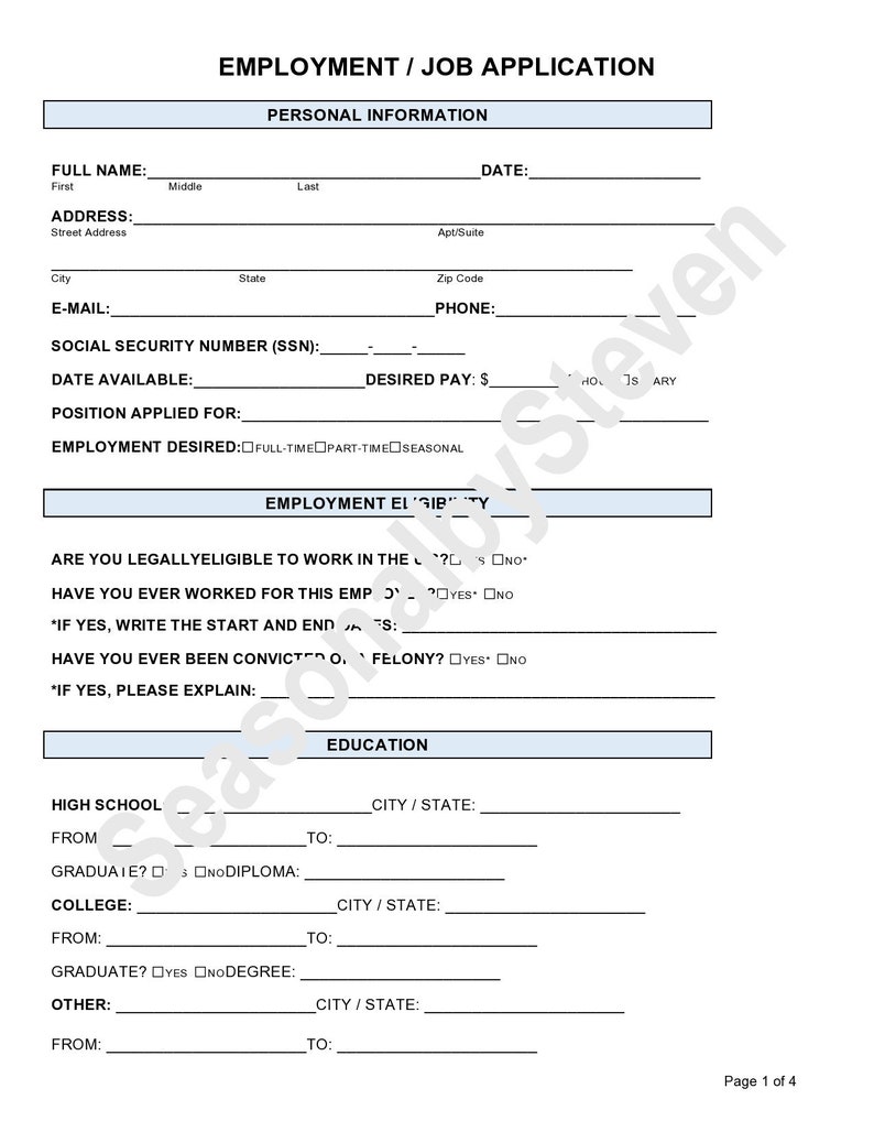 Job Application Form – Standard Template - Templates - Etsy