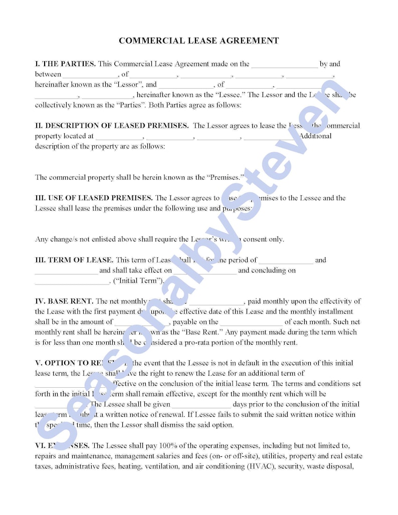 Commercial Lease Agreement, Editable in Commercial Property Lease ...