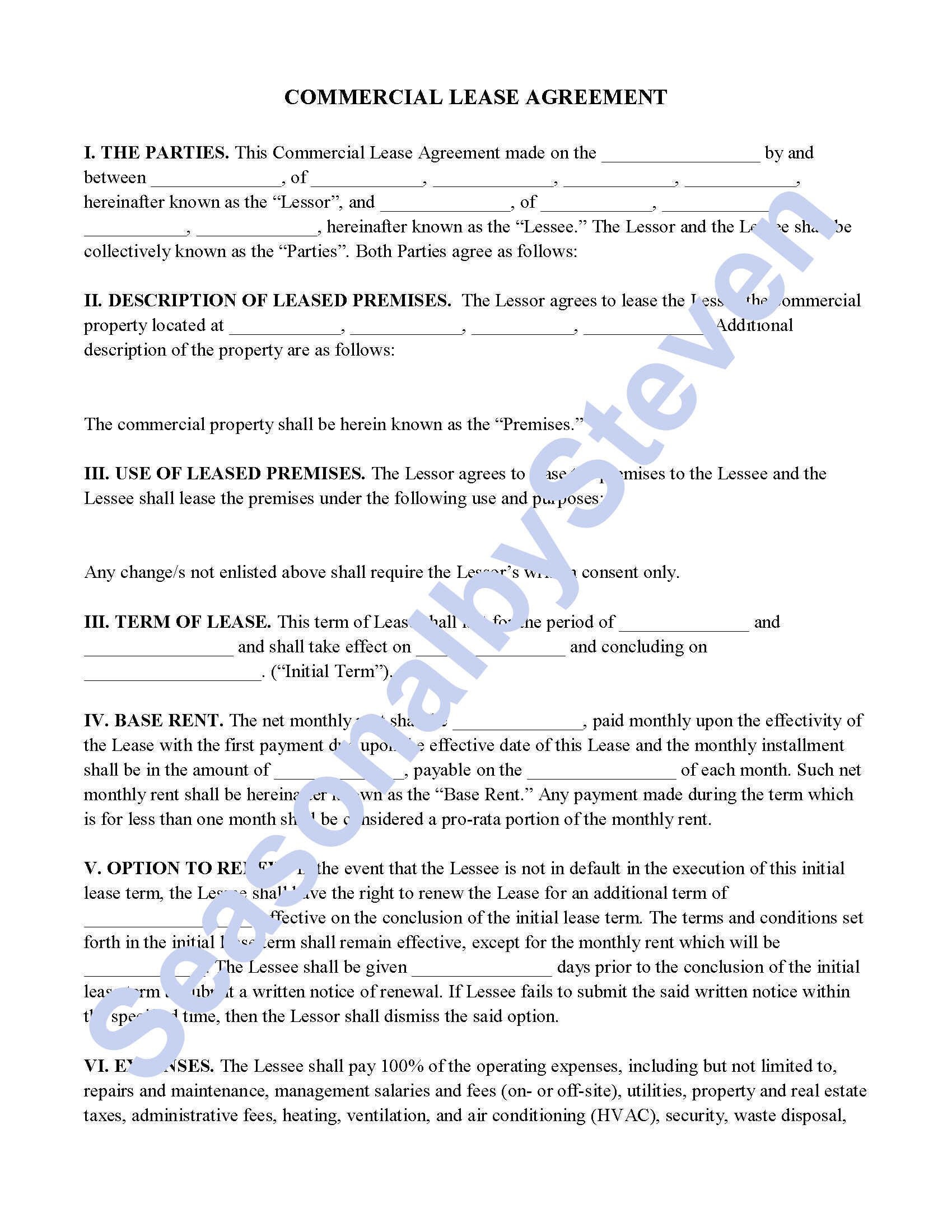 Commercial Lease Agreement, Editable in Commercial Property Lease ...