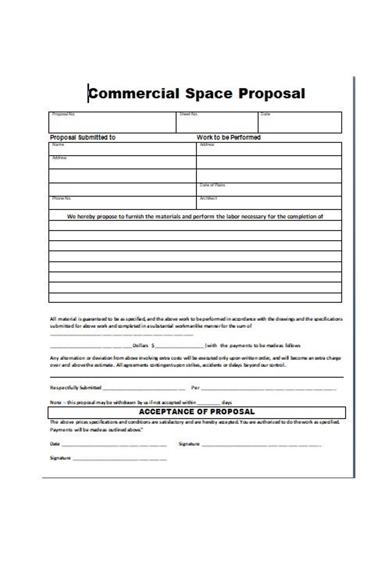 Commercial Space Proposal Templates | PRINTABLE FORM (8.5 by 14) Legal ...