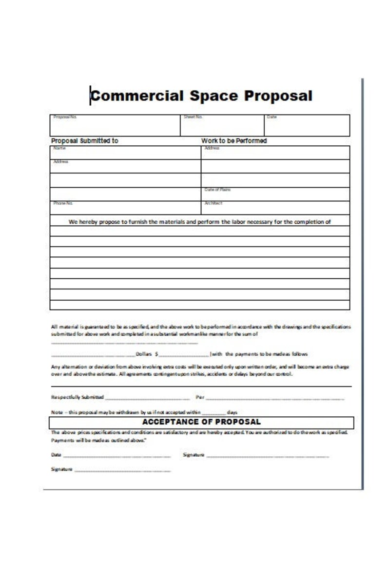 Commercial Space Proposal Templates | PRINTABLE FORM (8.5 by 14) Legal ...