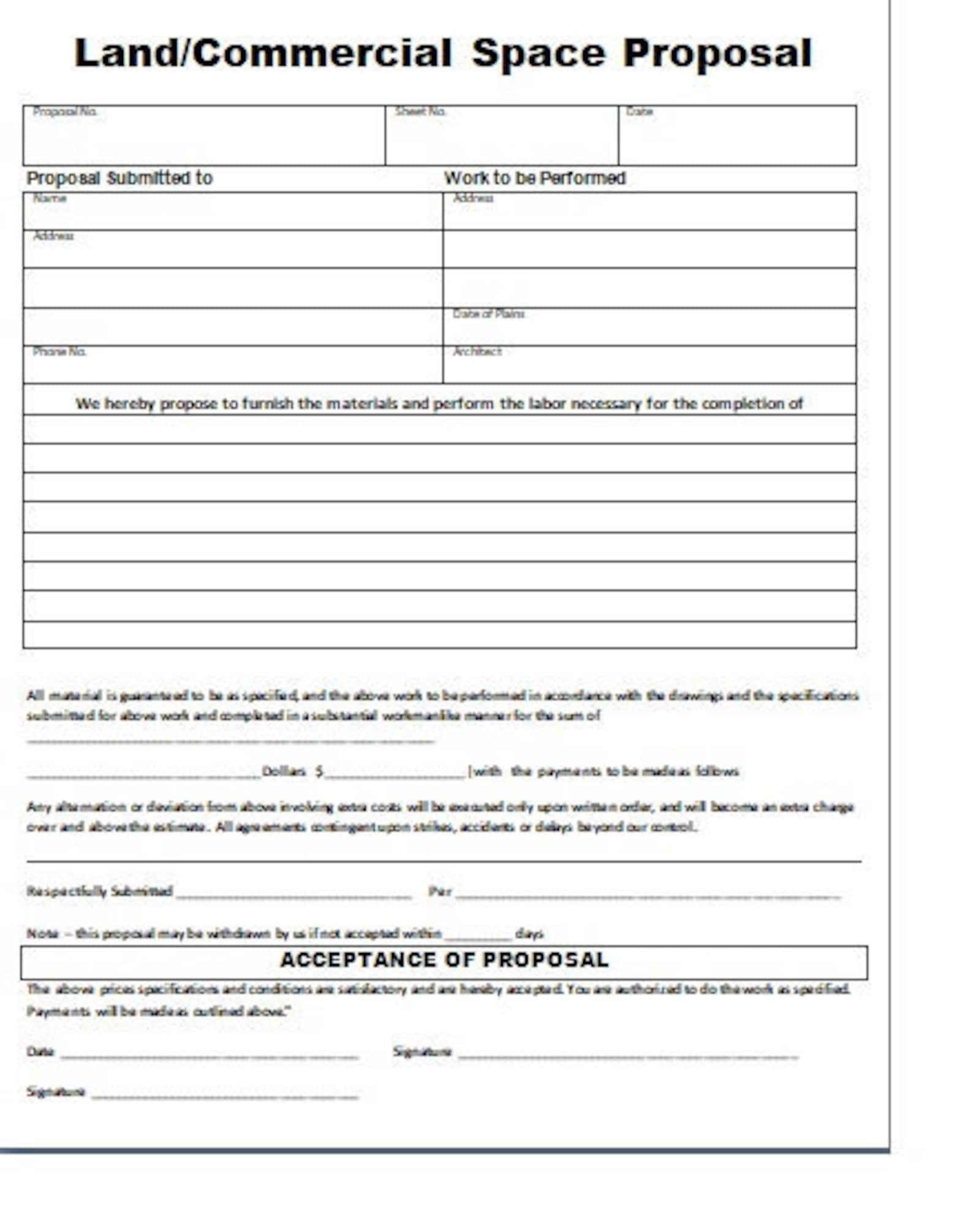 Land Commercial Space Proposal Templates | PRINTABLE FORM (8.5 by 14 ...