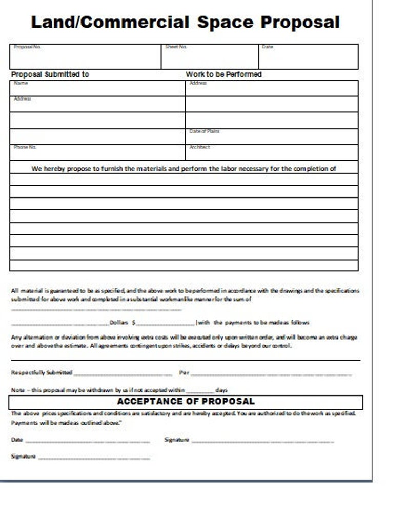 Land Commercial Space Proposal Templates | PRINTABLE FORM (8.5 by 14 ...
