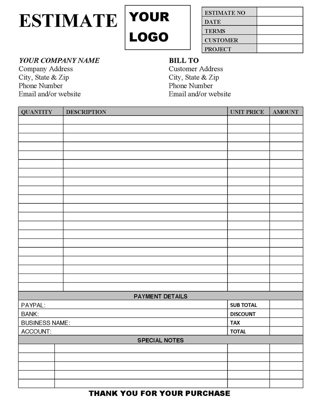 ESTIMATE-INVOICE Template Gray-white Printable Form - Etsy