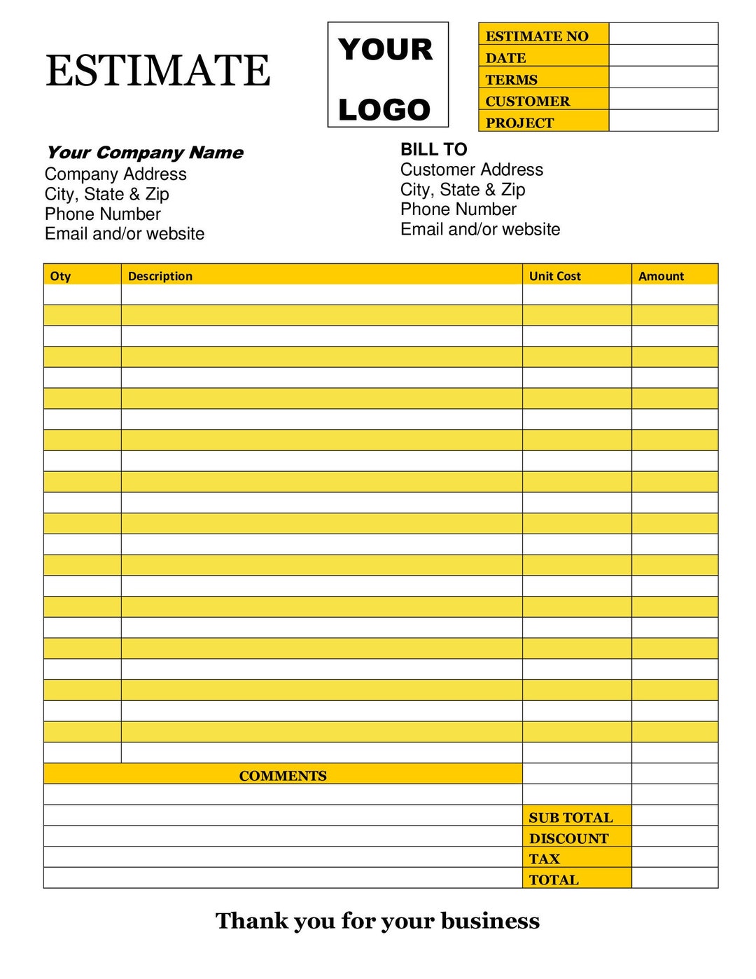 ESTIMATE-INVOICE Template | Fall Yellow | Printable | Editable ...