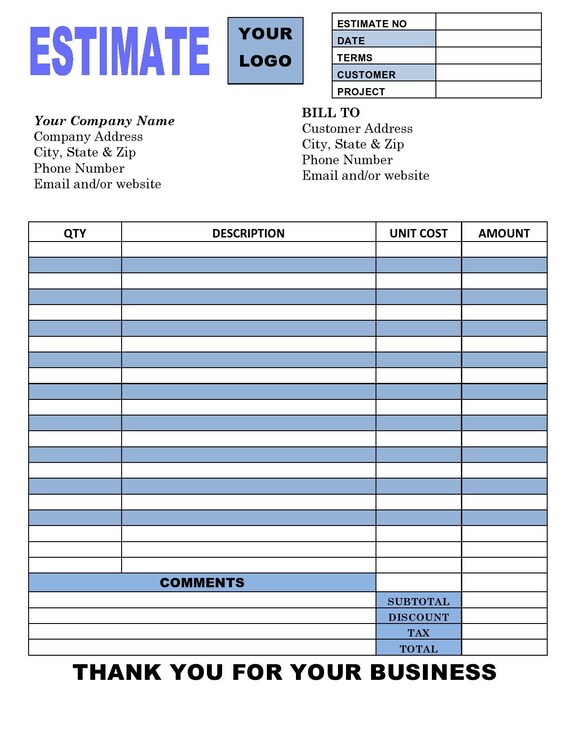Estimate Invoice Spring Blue Template Printable Form - Etsy