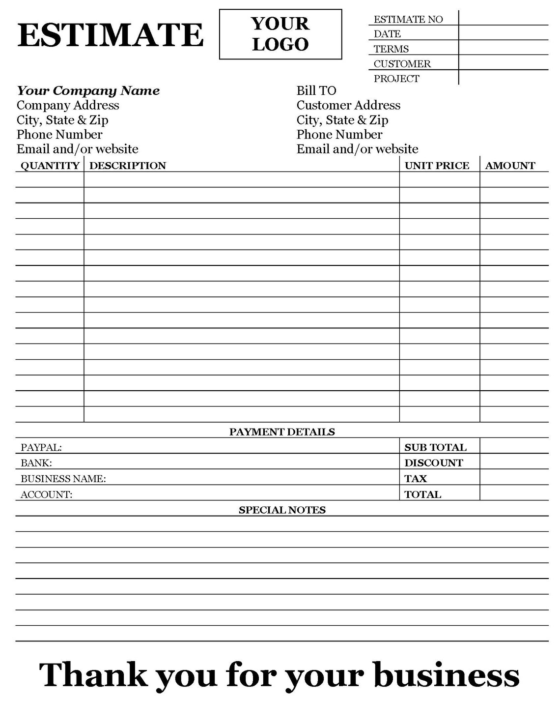ESTIMATE-INVOICE Template | Lined Document |printable Form | Editable ...