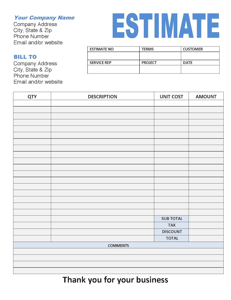 Estimate-invoice Template | Printable | Business Form | Editable ...