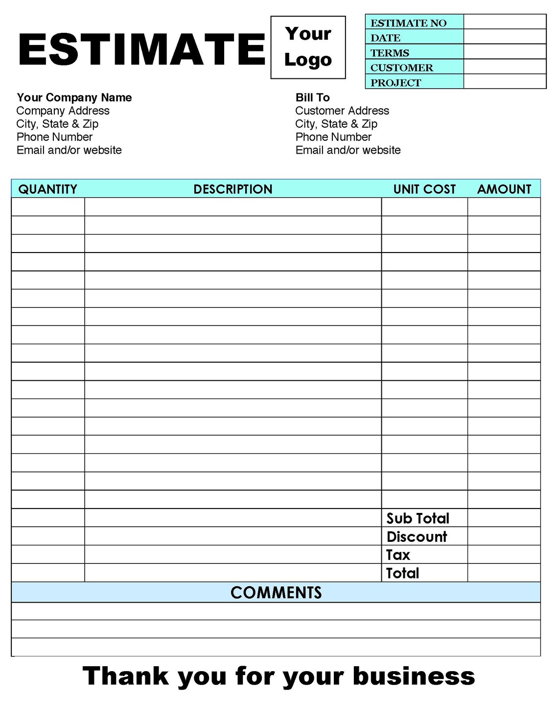 ESTIMATE-INVOICE Template | Dark-light Pink Aqua | Printable Form ...